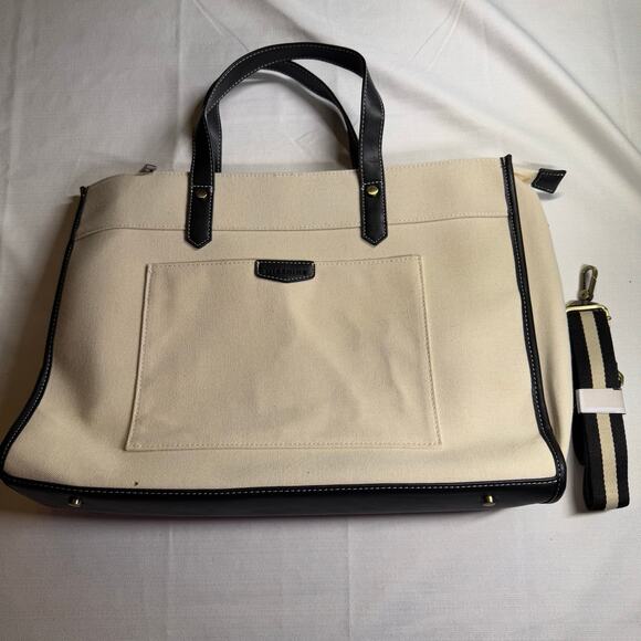 Missnine | Bags | Missnine Beige Canvas Tote Bag With Black Trim Strap ...